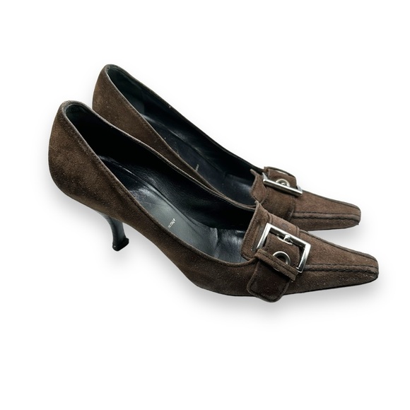 Prada | Shoes | Prada Suede Leather Brown Pointed Buckle Toe Kitten Heels Size 365 65 Us | Poshmark